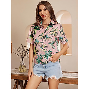 SweatyRocks Women's Short Sleeve Cute Print Button Down Shirt Tops Pink Green M