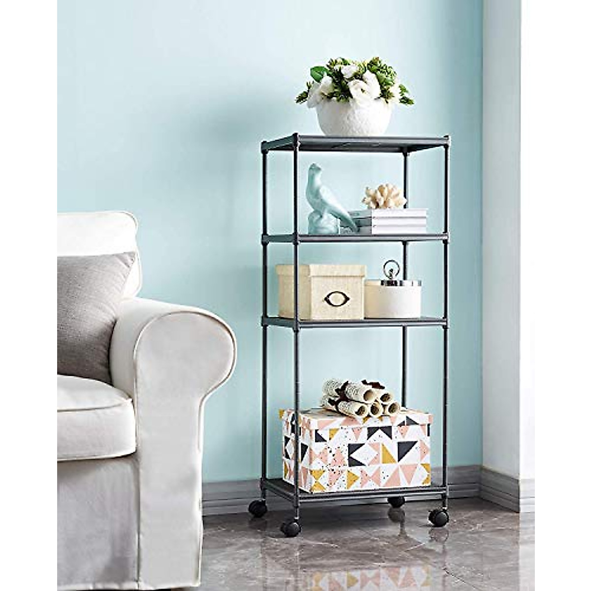 OVICAR 4-Tier Wire Storage Shelves, Adjustable Shelving Units with Wheels, Steel Metal Storage Rack for Kitchen Pantry Closet Laundry, Durable Organizer Garage Tool Storage Shelf (Grey, 4 Tiers)