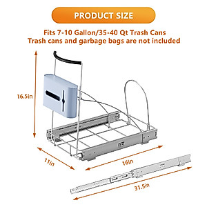 Pull Out Trash Can Under Cabinet with Garbage Bag Holder，Heavy Duty Under Sink Garbage Can Pull Out Kit-Up to 125 lb，Fit for 7–13 Gallon Cans ，Chrome (Trash Can Not Included)