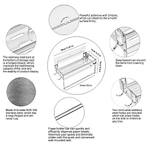 ESOW Paper Towel Holder with Shelf Storage, 2-in-1 Wall Mounted Paper Towel Roll Rack Basket for Kitchen, Balcony & Bathroom, Self-Adhesive or Drilling Installation, SUS304 Brushed Nickel Finish