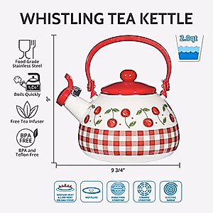 Whistling Tea Kettle for Stove Top Enamel on Steel Teakettle, Supreme Housewares Cherry Design Teapot Water Kettle Cute Kitchen Accessories Teteras (2 Quart, Cherry)