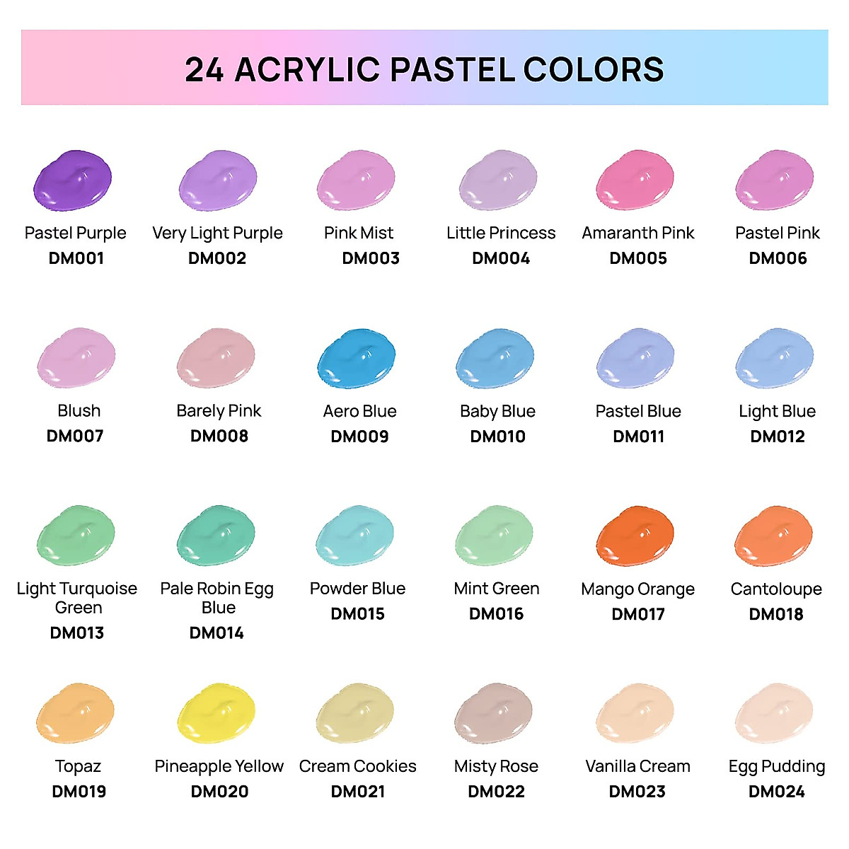 Discpace Pastel Acrylic Paints, Set of 24 Macaron Colors 2oz/59ml with 3 Painting Brushes, Art Craft Paint for Beginners/Kids/Rock Painting/Canvas/Wood/Glass/Ceramic/Stone Painting Supplies Kit