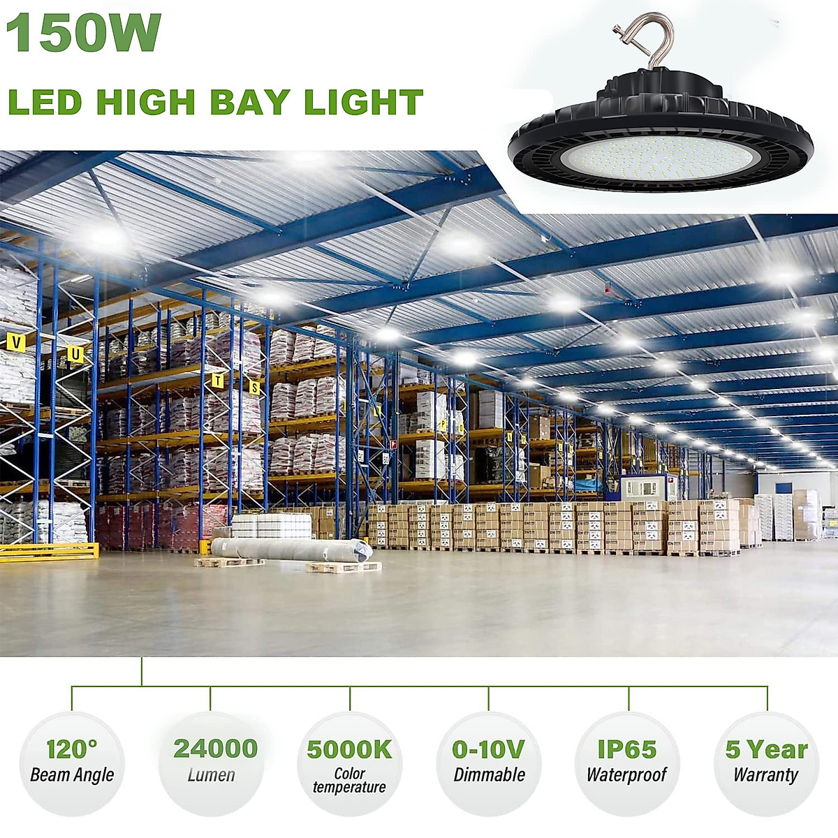 480V 150W UFO LED High Bay Lights, 24000LM, 0-10V Dimmable, 500W HID/HPS Replacement, 5ft Cable, IP65, Hook Mount, Shop Lights, Garage, Factory, Warehouse, Workshop, Area Light