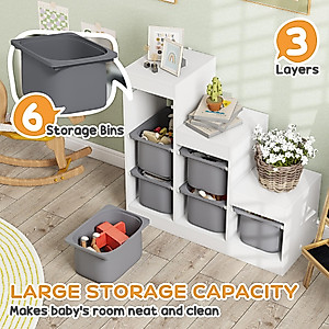 Qaba Kids Toy Storage Organizer with 6 Storage Bins, 3 Layers Kids Bookshelf Toy Organizer for Boys and Girls Aged 3-8 Years, Play Room, Bedroom, Gray