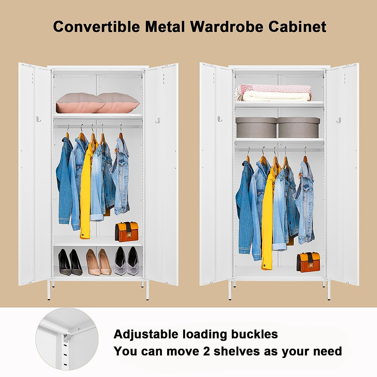 iCHENGGD Metal Wardrobe Cabinet with Doors and 2 Adjustable Shelves,Metal Armoire Wardrobe Closet with Hanging Rod, Tall Bedroom Armoires Storage Cabinet(72.8" H Closet Cabinet)