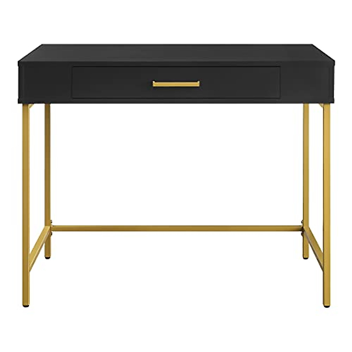 OSP Home Furnishings Modern Life Contemporary Writing Desk with Large Drawer and Gold Metal Legs, Black Finish