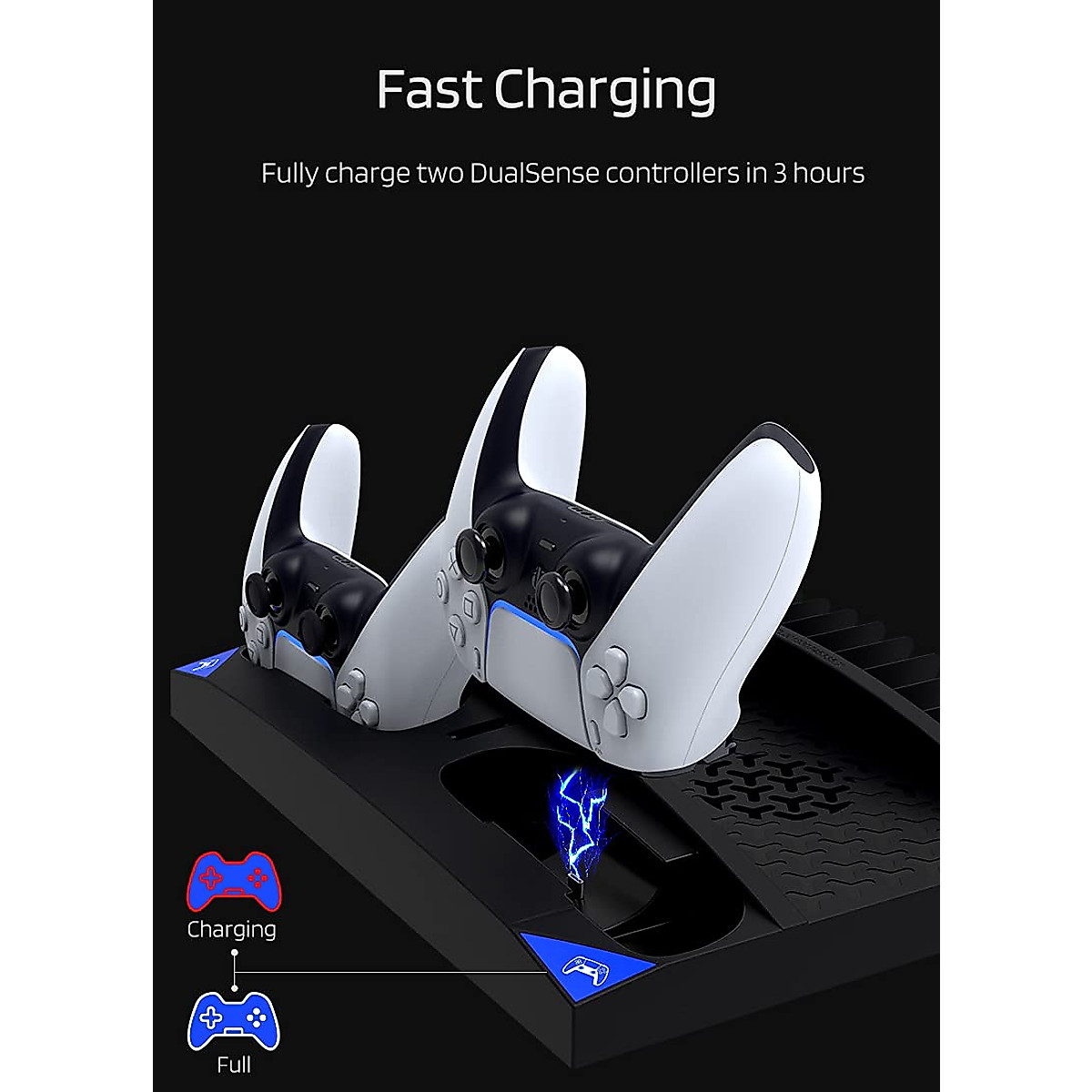 Storage Stand for PS5 Console/Digital Edition, Game Organizer with Cooling Fan, Controller Charger Station, 15 Game Case Holder, 3 USB Ports and 1 Media Remote Storage - Black