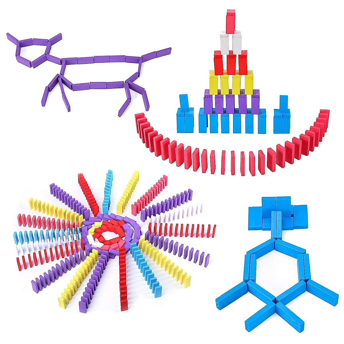 Wondertoys 600 PCS Dominoes Set for Kids Wooden Building Blocks 6 Colors Bulk Dominoes Racing Tile Games Educational Toy for Kids Birthday Party with 11 Add-on Blocks and 1 Storage Bag