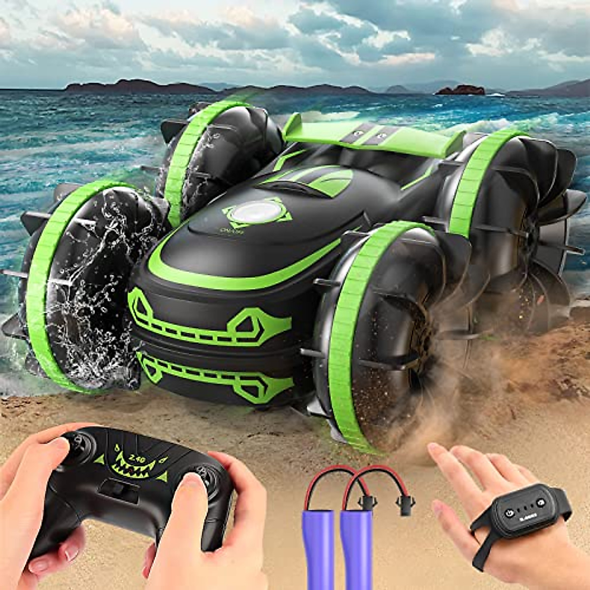 Arulis Amphibious Remote Control Car, 2.4Ghz 4WD Double Sided 360° Rotating RC Stunt Car, Remote Control Boat with Gesture Sensor, Toy Cars Gifts for 3 4 5 6 7 8+ Year Old Boys, Pool Water Beach Toy