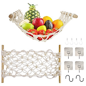 Fruit Basket Hammock Under Cabinet Adhesive, Woven Vegetable Hanging Basket, Fruit Storage for Kitchen with Banana Hooks, Mesh Fruit Holder Organization for Home Dining Room Decor