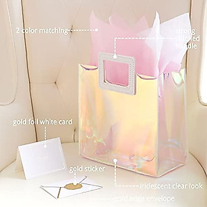 VUOJUR 8.3'' Holographic Reusable Small Gift Bag with Tissue Paper and Card for Women Girls Birthday Baby Shower Wedding Anniversary(Pink & White)