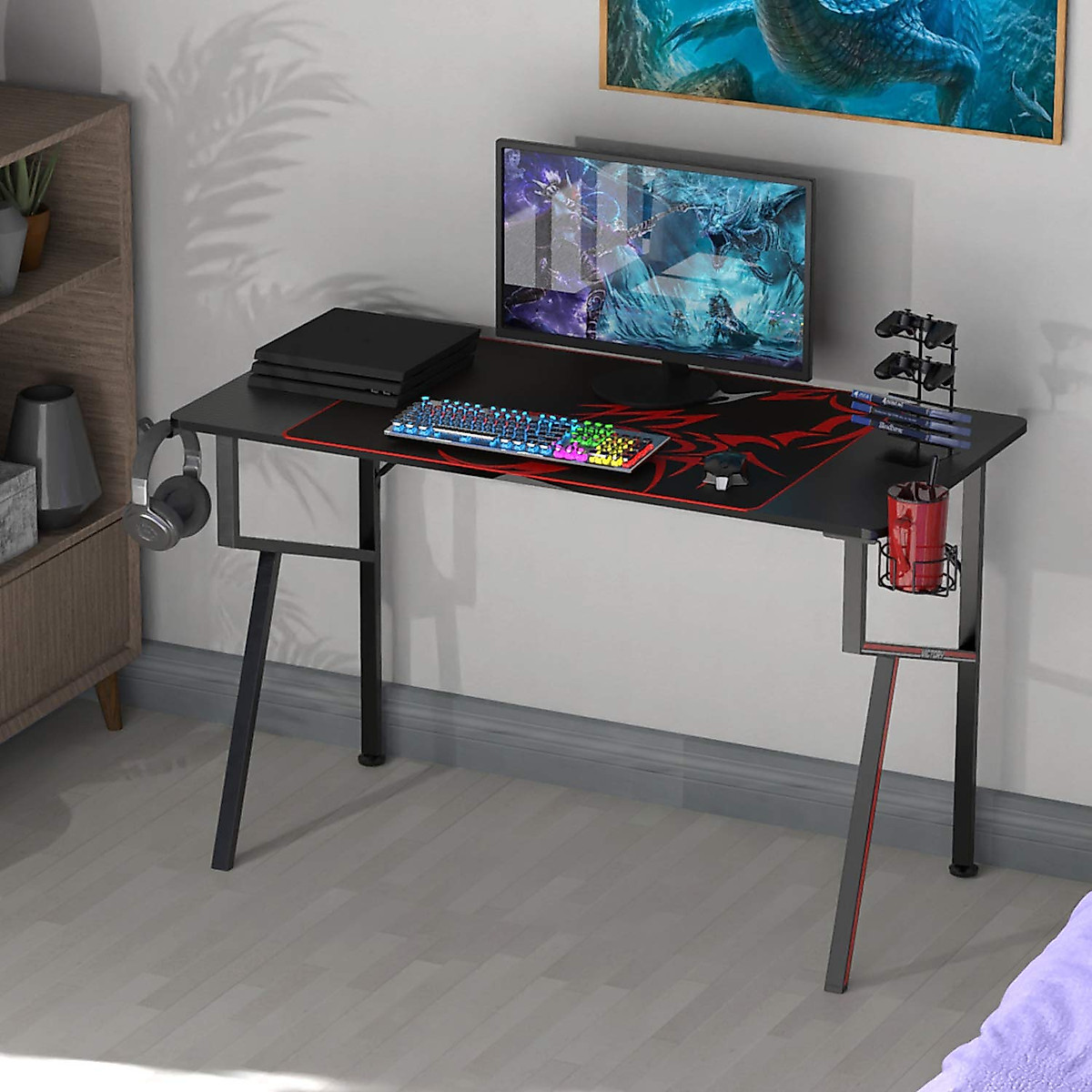 It's_Organized Gaming Desk 47 inch K-Frame Design Computer Desk, Home Office Desk Table Professional Gamer Workstation with Cup Holder Headphone Hook Controller Stand Free Mousepad, Black