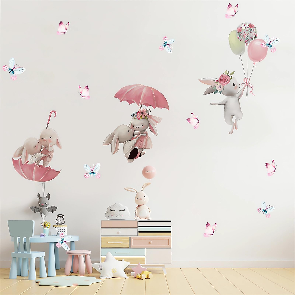 Cute Pink Bunny Butterfly Wall Stickers, sacinora Cartoon Little Rabbit Animal DIY Wall Decals Removable Vinyl Peel and Stick for Girl Kids Nursery Living Room Bedroom Children's Room Art Decorations