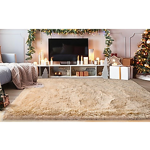 Soft Shaggy Rugs Camel Fluffy Rug for Bedroom White Fuzzy Rug Non-Slip Indoor Floor Carpet for Living Room 5x7