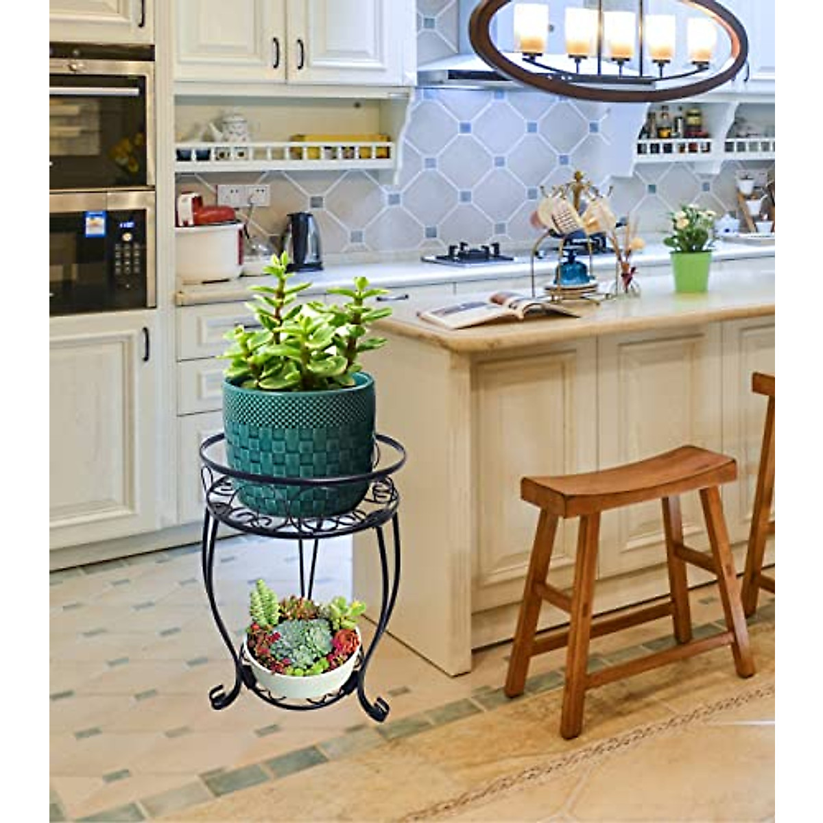 Metal Plant Stand Indoor Outdoor for Round Flower Pot, 2 Tier Potted Holder Rack Rustproof Wrought Iron Heavy Duty Planter Shelf for Corner Living Room Balcony Garden Patio, 19.2 inch, Black