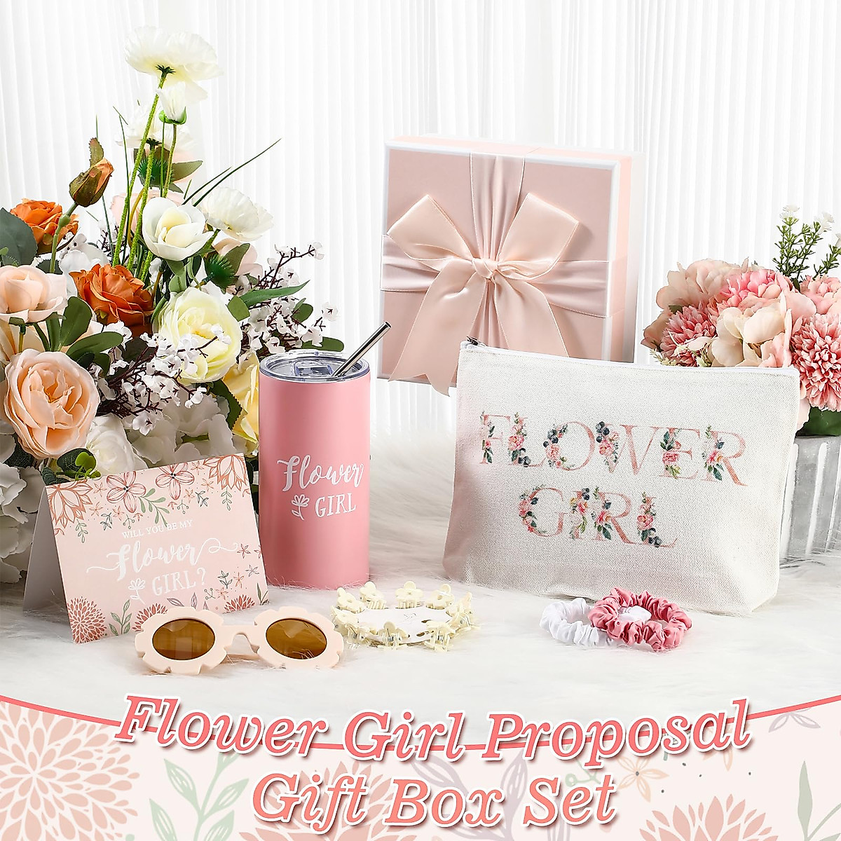 Sieral 16 Pcs Flower Girl Gift Flower Girl Tumbler with Straw Bridesmaid Gifts Flower Girl Proposal Box Bow Canvas Bag Sunglasses Hair Scrunchies Hair Clips Proposal Card for Wedding Birthday Party