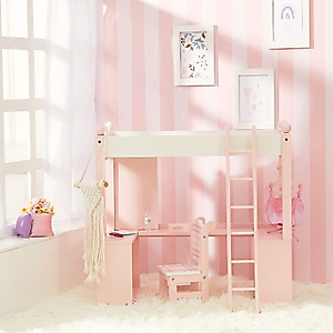 Sophia's 18" Inch Doll Accessories, 9 Piece Aurora Princess White and Pink Loft Bed Bunk Desk, Chair and Accessories