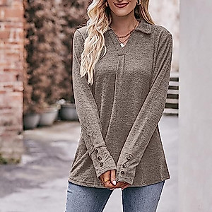 Western Tops for Women Long Sleeve V-Neck T Shirts Solid Color Button Down Blouses Loose Fit Hide Belly Fat Tunics