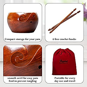 Yarn Bowl Wooden 6 inch by 3 inch Wooden with Free Travel Pouch and Wooden Crochet Hooks. Perfect Yarn Holder for Knitting and Crocheting