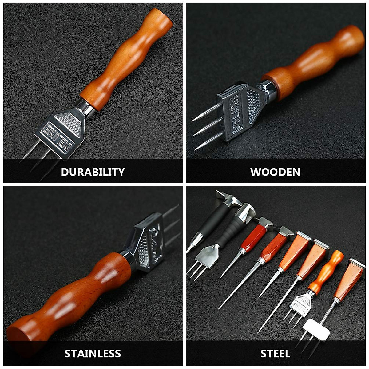 DOITOOL Ice Pick Stainless Steel Ice Crusher with Safety Wood Handle for Kitchen Tool, Three Prong Ice Pick Japanese Style Ice Chipper Bar Ice Picker Tool