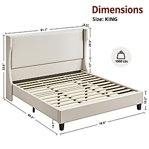 LIKIMIO King Bed Frame with 53.6" High Headboard, Upholstered Cama King Beds with Wood Slat Supports, No Box Spring Required, Easy Assembly, Cream