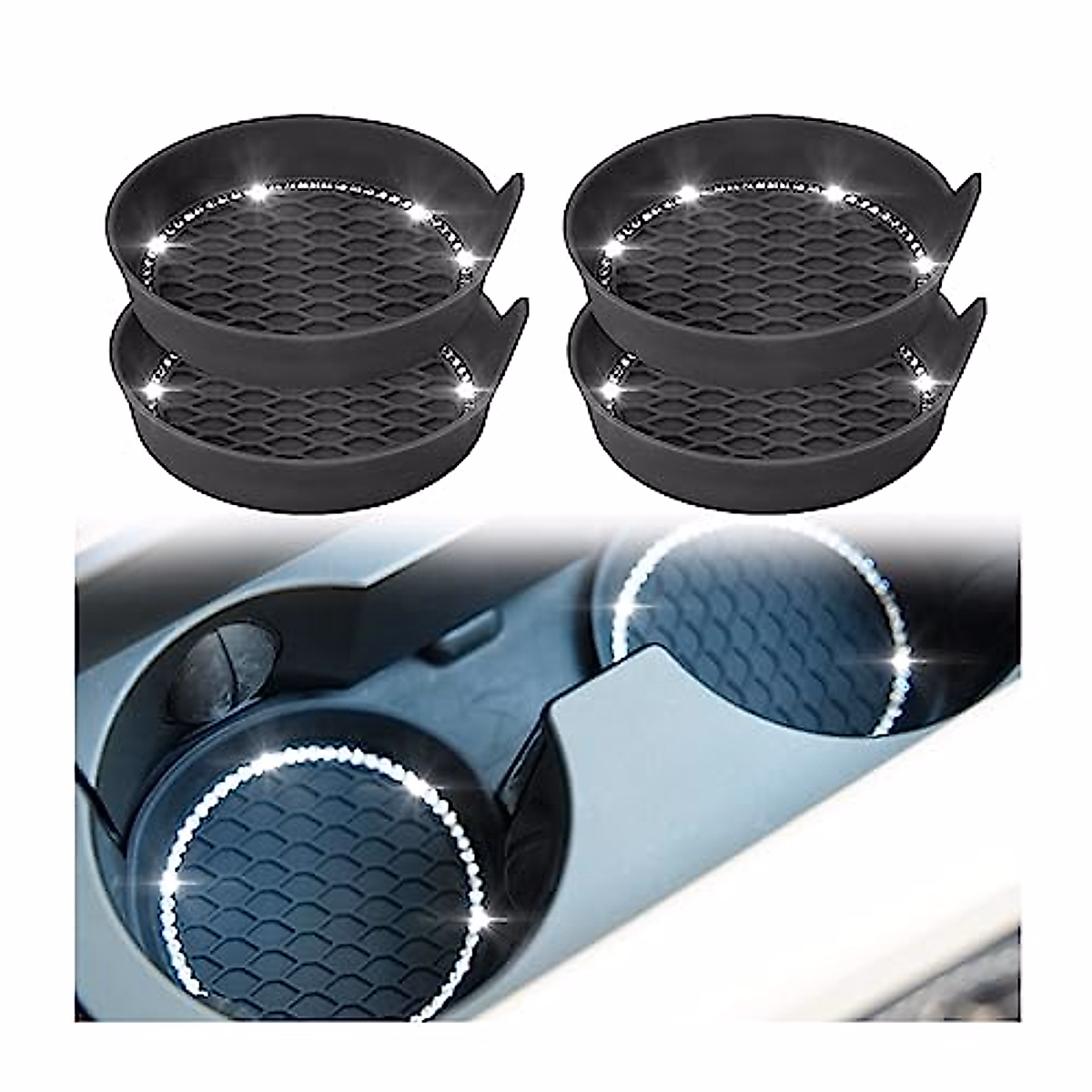 zipelo Bling Car Cup Coaster, 4 Pack Universal Vehicle Anti-Slip Cup Holder Insert Coasters, Crystal Rhinestone Silicone Shockproof Drink Mat, Car Interior Accessories Gift for Women Girls (Black)