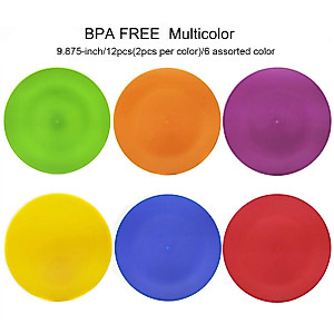 KOXIN-KARLU Plastic Plates, 10-inch Dinner Plates Reusable Plates Picnic Plates, set of 12 Multicolor