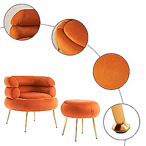 (77 x 72 x 72) Cm(L x W x H) Orange Elvet Accent Chair with Arms for Living Room, Modern Single Sofa Armchair with Ottoman Upholstered Reading Club Chair for Bedroom Office Decorative