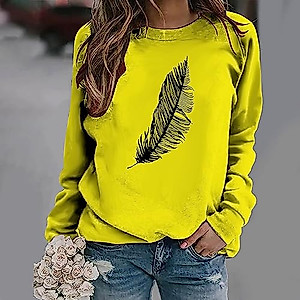 LAWOR Women'S Tops 2023 Summer Sudaderas capucha sudaderas la moda para mujer camisa manga larga estampado plumas jersey cuello redondo otoño G2-Yellow X-Large