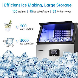 RESTISLAND Commercial Ice Maker Machine, 100 lbs /24 h, 33 lbs Storage Bin, Stainless Steel, Compact, Embedded, Self-Cleaning, Perfect for Home/Office/Shop/Cafe, Includes Ice Scoop, Connection Hose