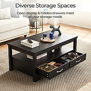 LINSY HOME Farmhouse Coffee Table with Storage, Wood Coffee Table for Living Room, Open Display Area and Storage Drawers with Metal Handles, Chic Style with Curved Base, Black