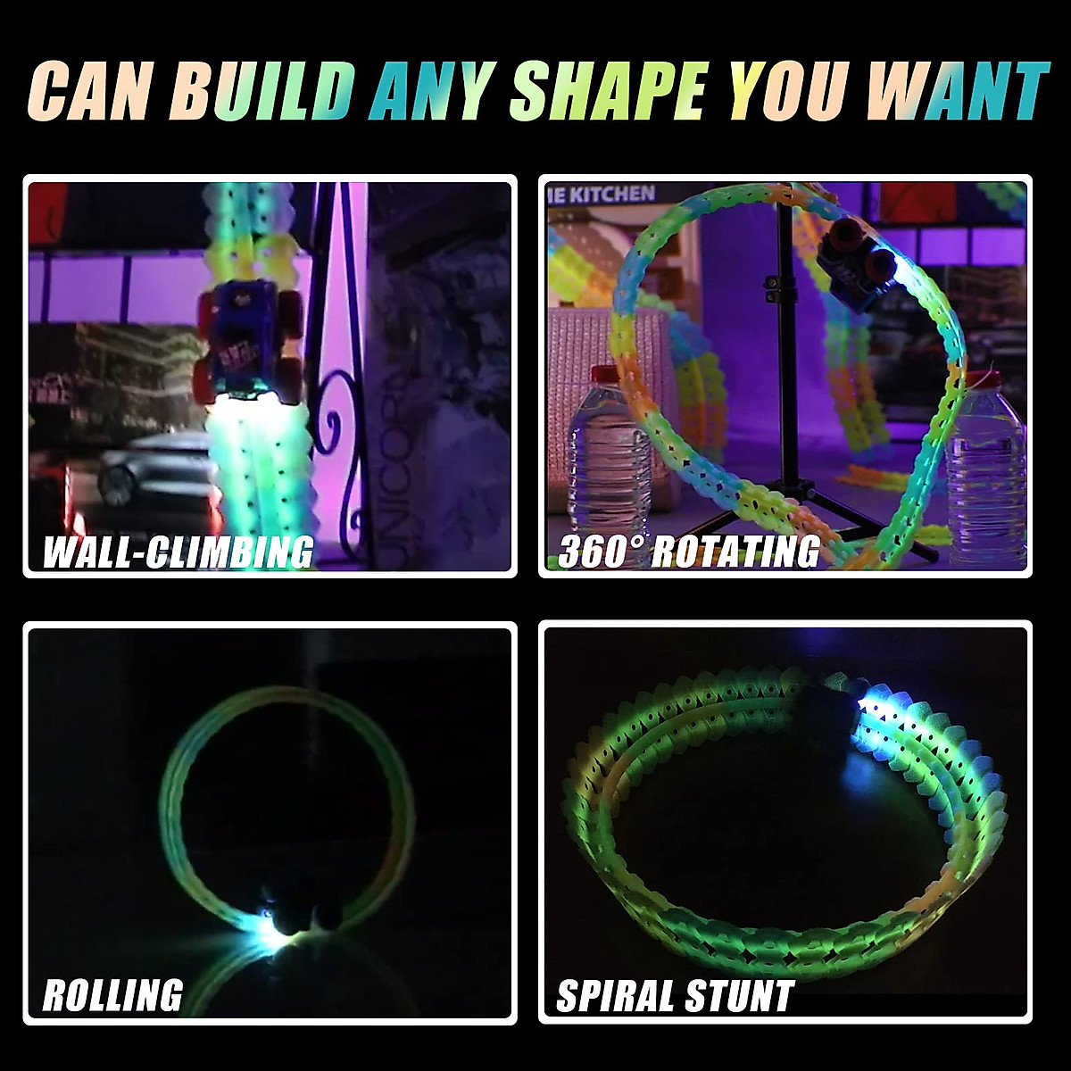 Race Track for Boys and Kids, 240PCS Flexible Changeable Magic Car Tracks Glow in The Dark, Toys for 3 4 5 6 Year Old Boys Girls with LED Light Up Race Car, Best Christmas Birthday Gifts