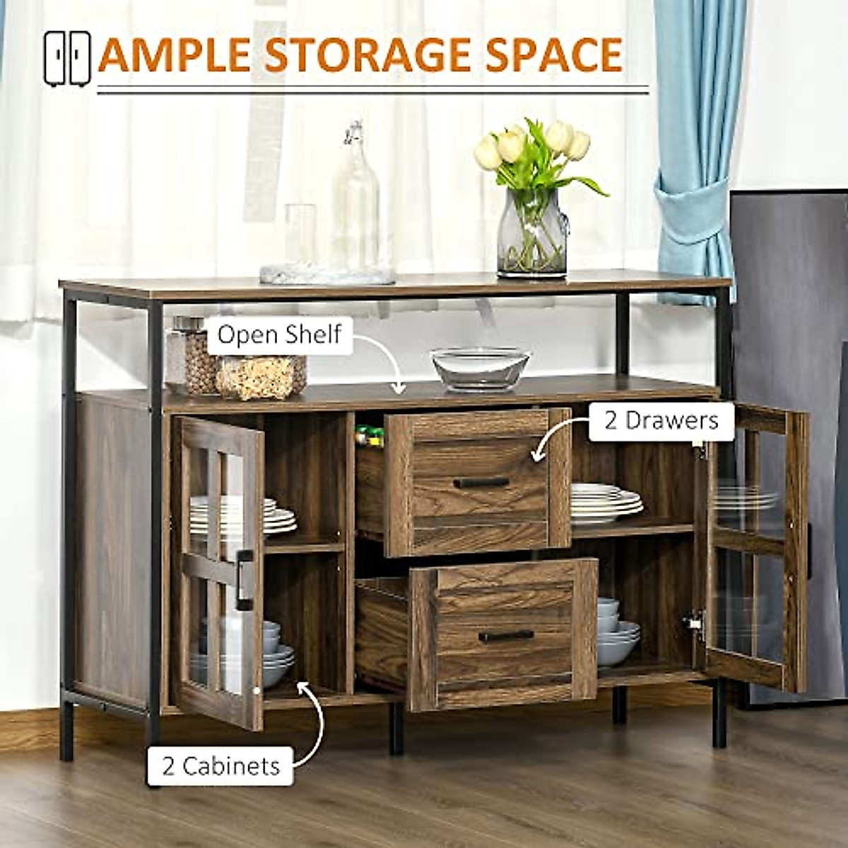 HOMCOM Industrial Sideboard Buffet Cabinet, Coffee Bar Cabinet with Adjustable Shelves, Glass Doors, and 2 Drawers for Kitchen, Living Room, Brown