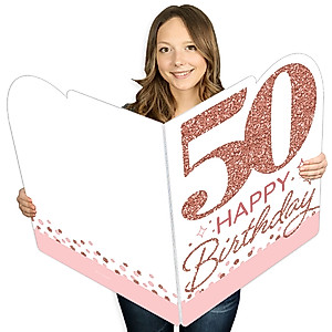 Big Dot of Happiness 50th Pink Rose Gold Birthday - Happy Birthday Giant Greeting Card - Big Shaped Jumborific Card - 16.5 x 22 inches