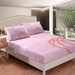 Feelyou Queen Basketball Bed Sheet Set Boys Girls Basketball Court Bedding Sheets for Kids Soft Pink Bedding Fitted Sheet Sport Bed Cover Room Decor,1 Fitted Sheet+2 Pillow Sham（No Flat Sheet）