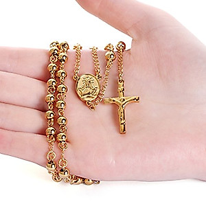 COTTVOTT Stainless Steel 6mm Beads Rosary Catholic Necklace Holy Medal & Crucifix 32inch(Golden)