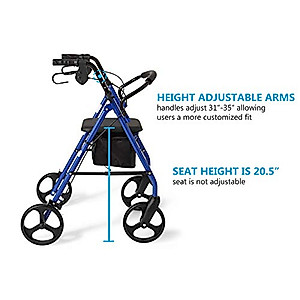 Medline Standard Steel Folding Rollator Walker with 8" Wheels, Supports up to 350 lbs, Blue