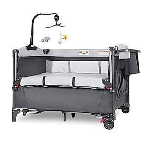 5-in-1 Pack and Play, Baby Bassinet Bedside Sleeper with U-Shaped Diaper Changer, Portable Baby Playard for Newborn Toddlers, Baby Crib with 4 Adjustable Height, Carry Bag, Easy to Install