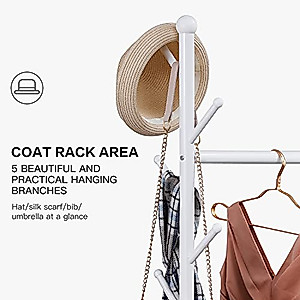 JZM Clothing Racks for Hanging Clothes, Rolling Clothes Rack, Rolling Garment Rack, Multi-functional Garment Rack Freestanding Hanger with 5 Rods, Side Hooks and Lockable Wheels, White Clothing Rack
