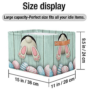 UOYO Easter Eggs Basket Bunny Tail Rabbit Wooden Large Storage Basket Bin With Handles Fabric Toys Box Collapsible Closet Shelf Blanket Organizer Basket Decorative for Nursery Bedroom Kids Room