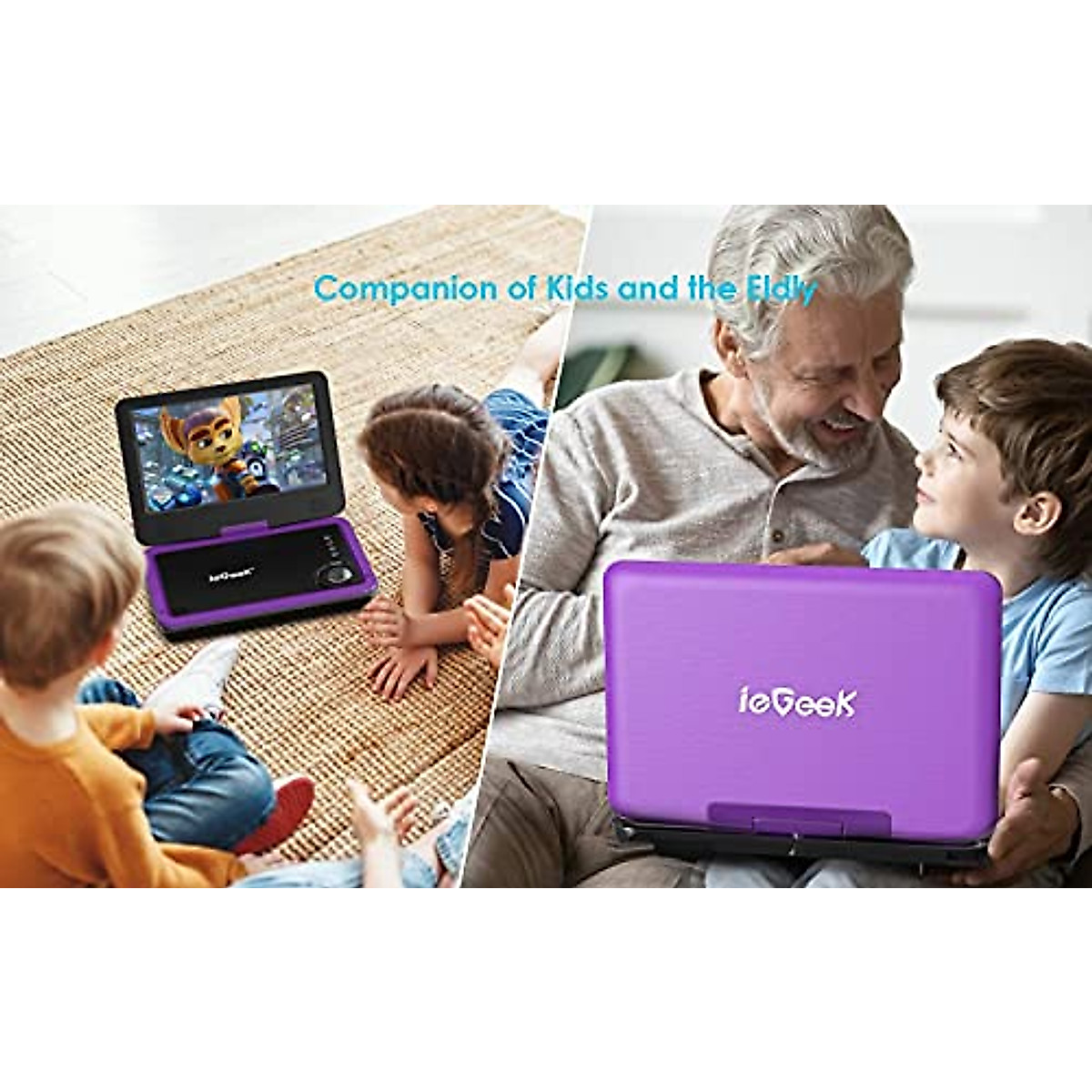 ieGeek Portable DVD Player 12.5", with 10.5" HD Swivel Screen, Car Travel DVD Players 5 Hrs Rechargeable Battery, Region-Free Video Player for Kids Elderly, Remote Control, Sync TV, USB&SD, Purple