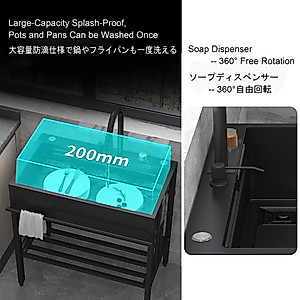 Black Utility Waterfall Sink Outdoor Stainless Steel Kitchen Sink Garage Sink Laundry Sink with Cabinet Camping Sink Single Bowl Kitchen Sinks with Raindance Waterfall Faucet and Accessories ( Color :