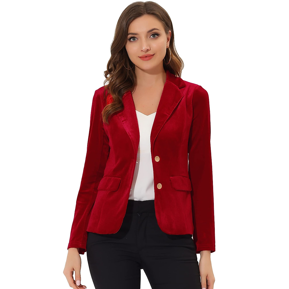 Allegra K Velvet Blazers for Women's Party Notched Lapel Single Breasted Long Sleeve Blazer Small Red