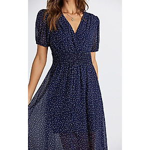 PRETTYGARDEN Puff Sleeve Floral Easter Dress for Women High Low Hem Wrap V Neck Summer Dress Smocked Waist Flowy Midi Dress (Bright Blue, Large)