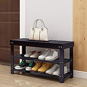 GOFLAME Shoe Bench Rack, 2-tier Bamboo Seat Storage Shelf, Free Standing Shoe Storage Bench with Stylish and Modern Design, Shoe Organizer for Décor Entryway, Hallway, Living Room, Bathroom (Black)