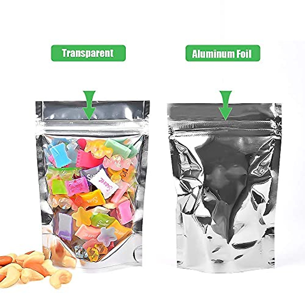 Mylar Bags, 90 Pack 9 Sizes 7mil Mylar Bags for Food Storage, Resealable mylar ziplock bags, Stand Up Pouch Bags, Clear Front with Aluminum Foil Back, Zipper Bags with Gusset Bottom for Multipurpose