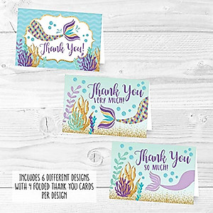 24 Mermaid Baby Shower Thank You Cards With Envelopes, Kids Thank-You Note, 4x6 Gratitude Card Gift For Guest Pack For Party, Birthday, For Boy or Girl Children, Cute Sea Pool Event Stationery