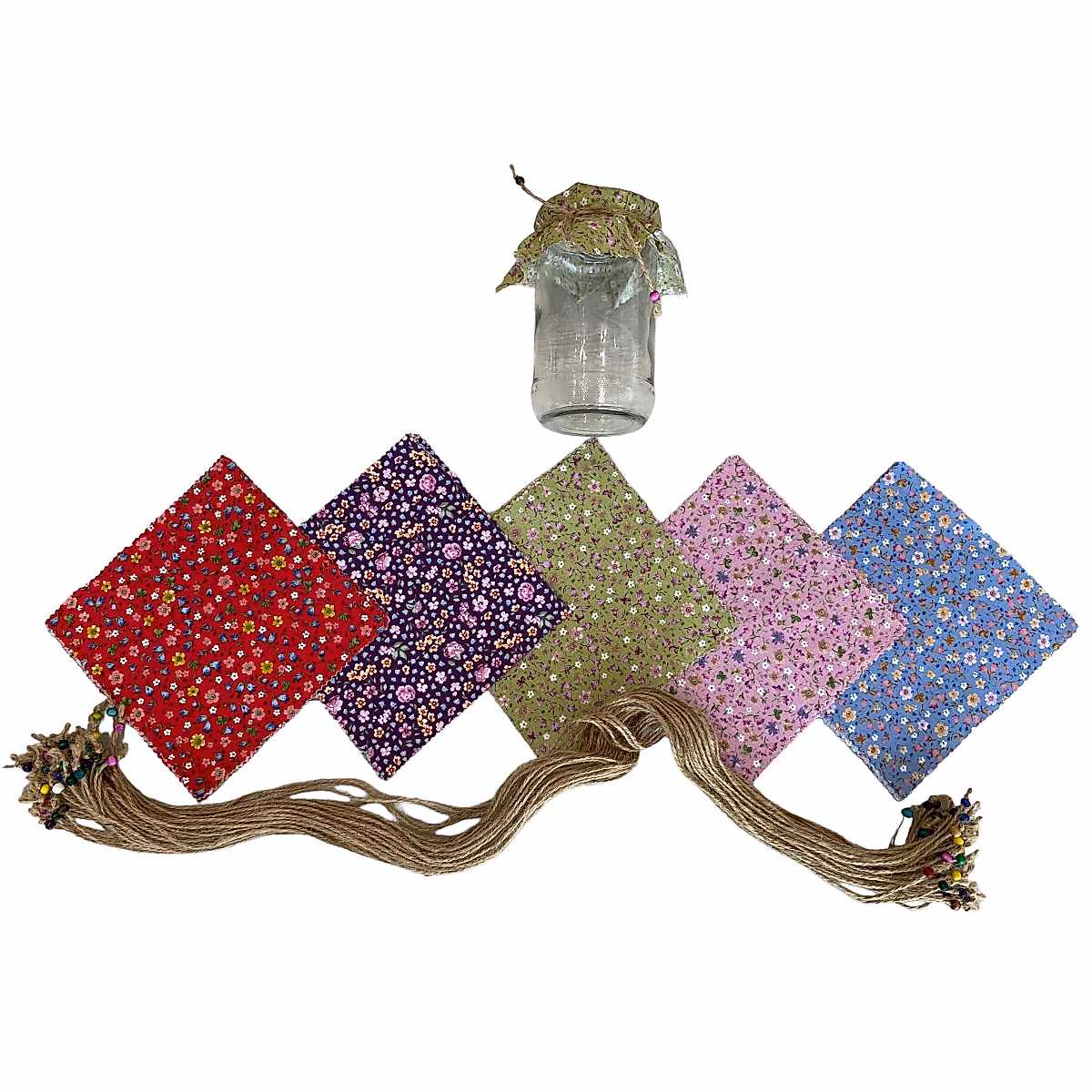 50 Pieces% 100 Cotton Flowered Pattern Fabric Jar Cover Cloth- 6.7'' Jar Cover Cloth With 50 Pieces Beaded Jute Rope