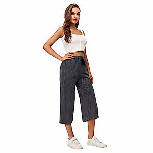 RESHE Womens Capri Pants Wide Leg Loose Comfy Drawstring Lounge Pajama Pants Yoga Capris with Pockets (Deep Hemp Gray, S)