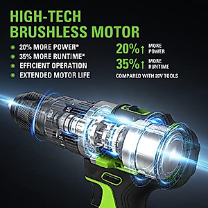 Greenworks 24V Brushless 1/2" Hammer Drill (Metal Chuck / 530 in.-lbs.  / 20+3 Clutch / LED Light) + 5 PC Drill Bits, 2.0Ah Battery and Charger Included